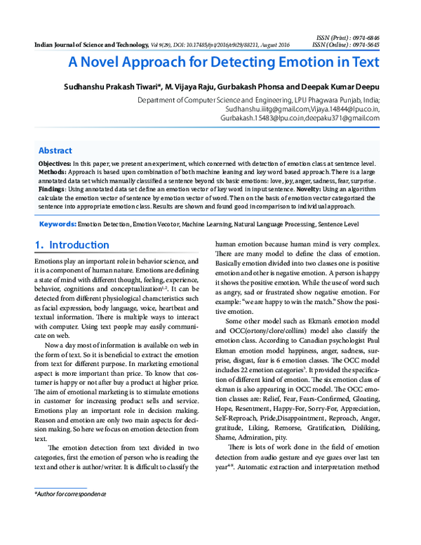 (PDF) A Novel Approach for Detecting Emotion in Text