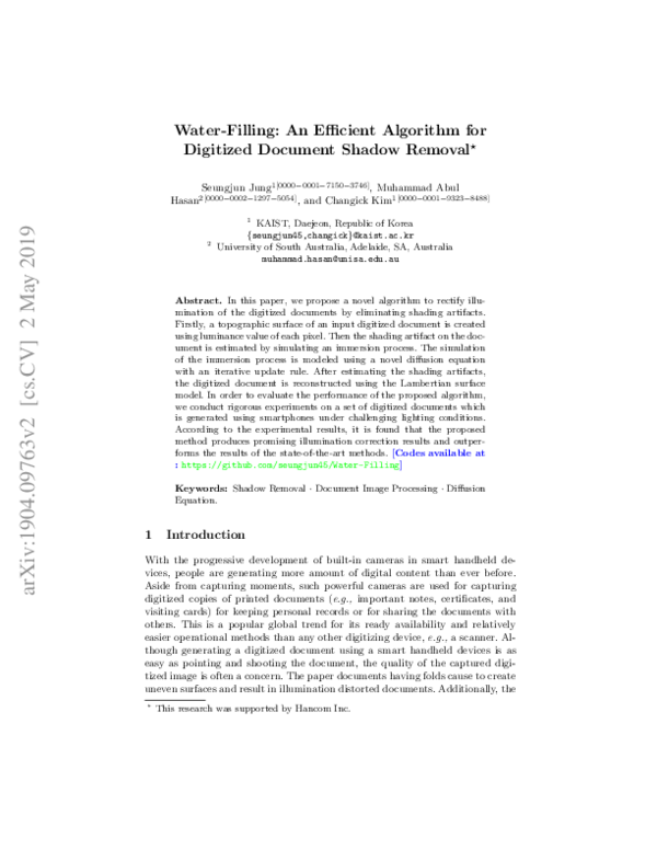 (PDF) Water-Filling: An Efficient Algorithm for Digitized Document Shadow Removal