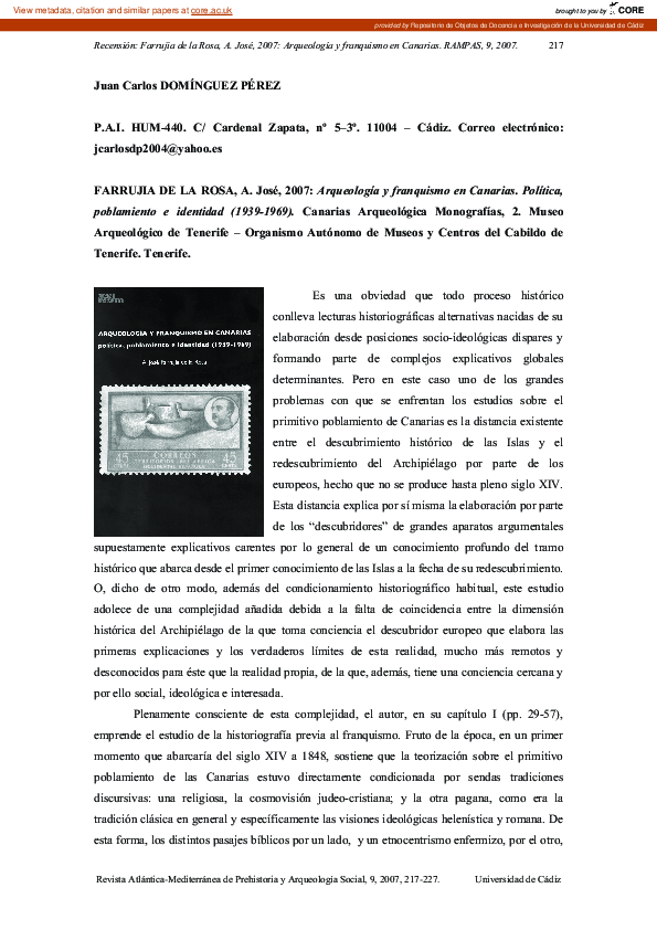 (PDF) Farrujia de la Rosa, A. José, 2007: Arqueología y franquismo en Canarias. Política ...