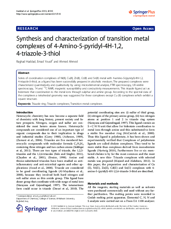 (PDF) Synthesis and characterization of transition metal complexes of 4-Amino-5-pyridyl-4H-1,2,4 ...