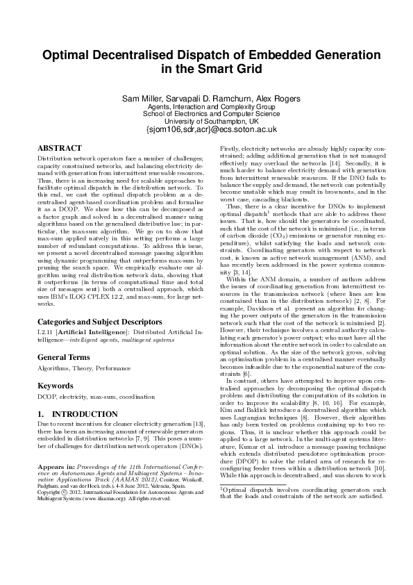 (PDF) Optimal decentralised dispatch of embedded generation in the ...