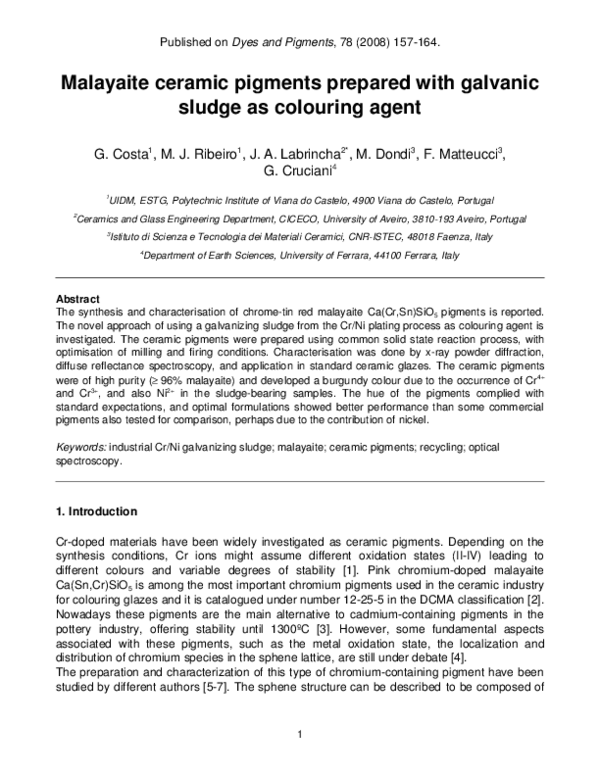 (PDF) Malayaite ceramic pigments prepared with galvanic sludge