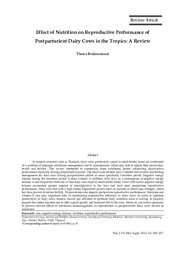 (PDF) Effect of nutrition on reproductive performance of postparturient dairy cows in the ...