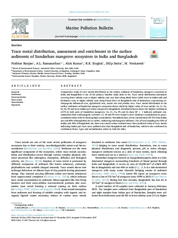 (PDF) Trace metal distribution, assessment and enrichment in the surface sediments of Sundarban ...