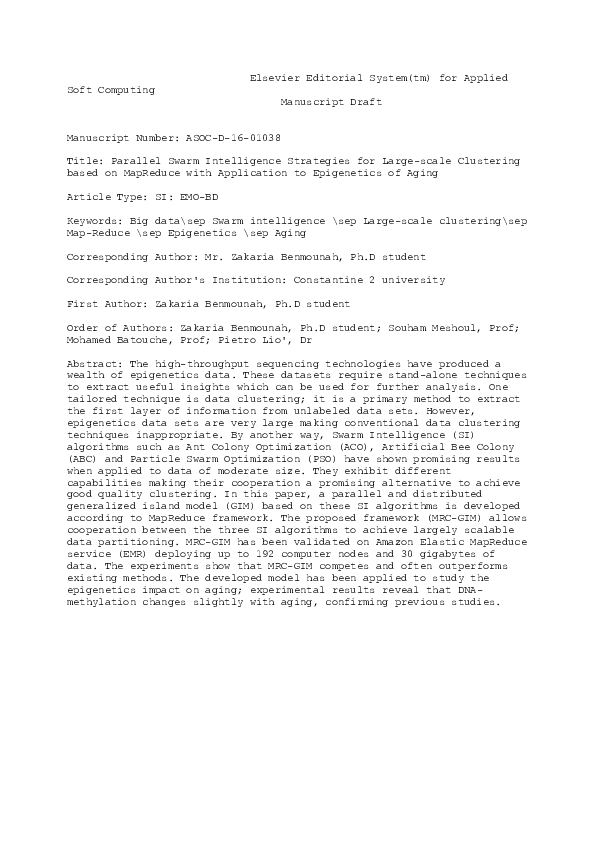 Pdf Parallel Swarm Intelligence Strategies For Large Scale Clustering Based On Mapreduce With