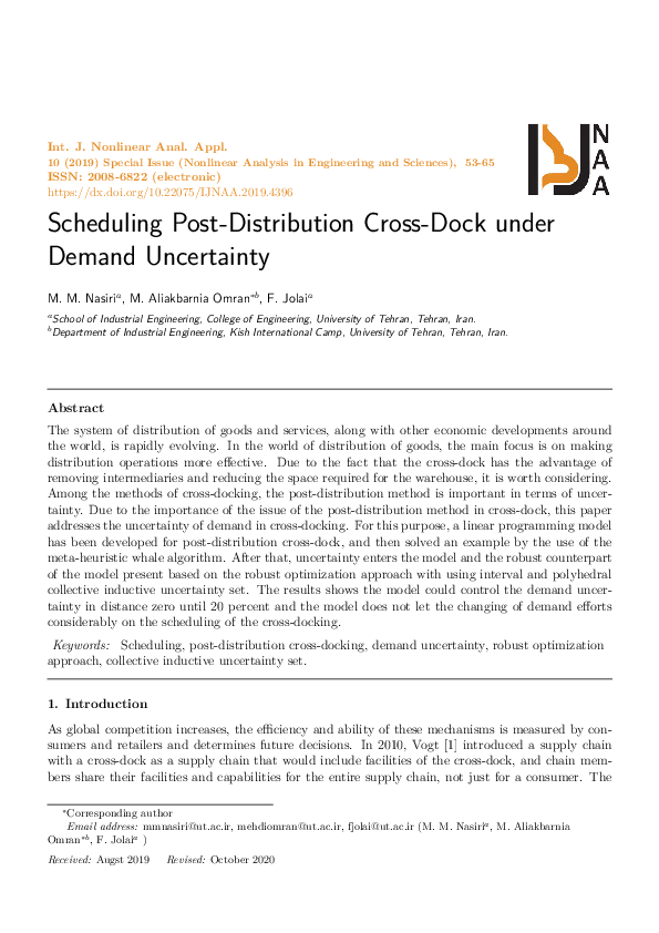 (PDF) Scheduling Post-Distribution Cross-Dock under Demand Uncertainty