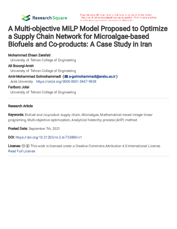 Pdf A Multi Objective Milp Model Proposed To Optimize A Supply Chain Network For Microalgae