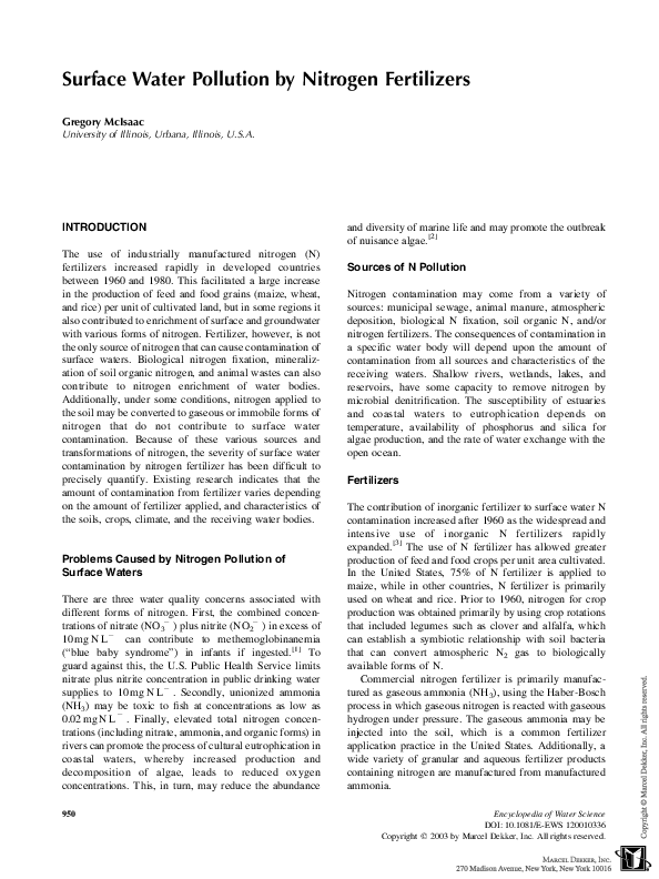 (PDF) Surface Water: Pollution by Nitrogen Fertilizers