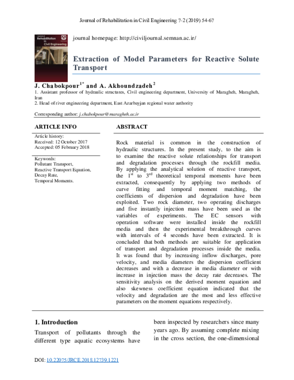 Pdf Extraction Of Model Parameters For Reactive Solute Transport