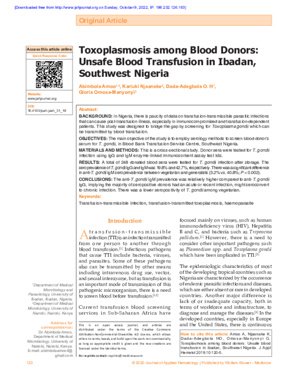 (PDF) Toxoplasmosis among Blood Donors: Unsafe Blood Transfusion in ...
