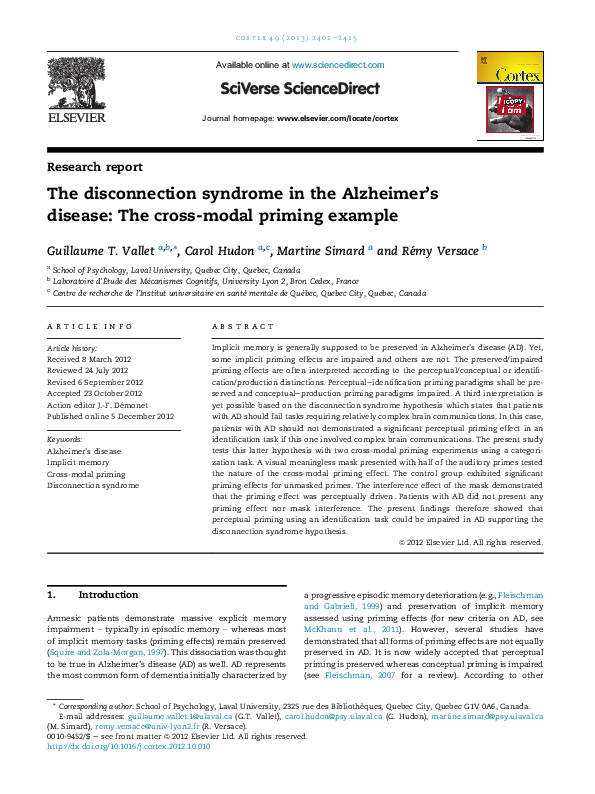 (PDF) The disconnection syndrome in the Alzheimer’s disease: The cross ...