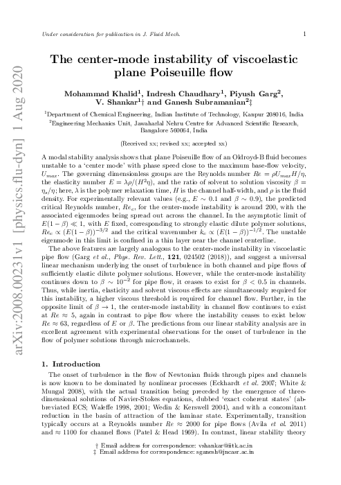(PDF) The centre-mode instability of viscoelastic plane Poiseuille flow
