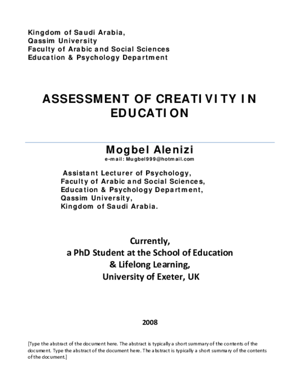 (PDF) Assessment of Creativity in Education