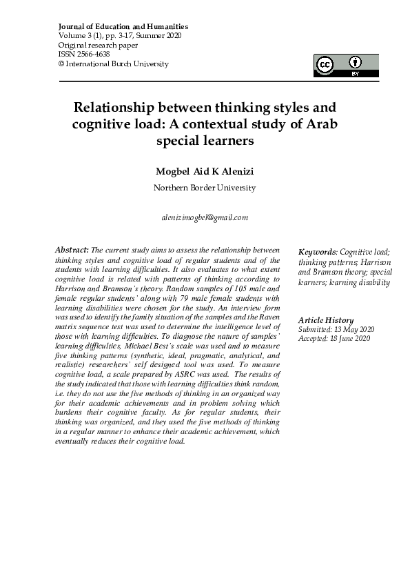 (PDF) Relationship between thinking styles and cognitive load: A contextual study of Arab ...