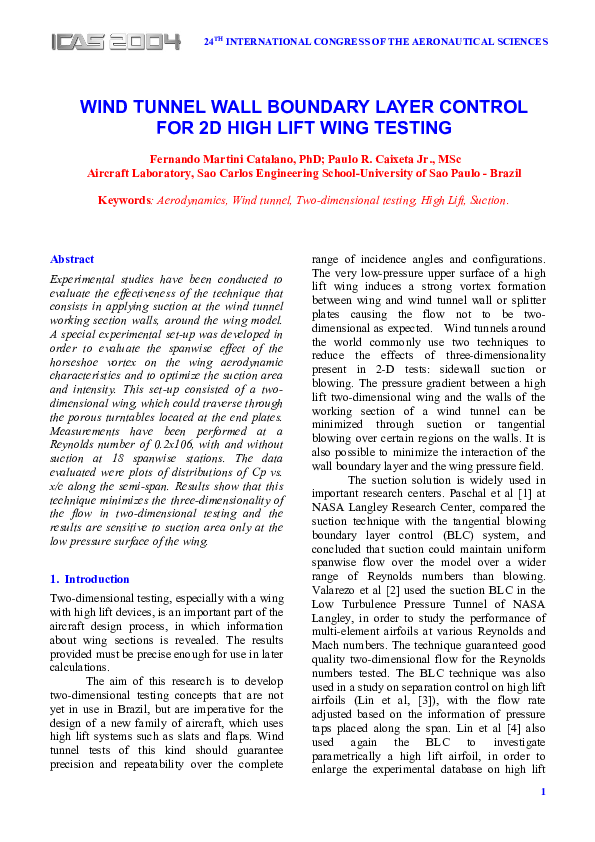 (PDF) Wind Tunnel Wall Boundary Layer Control for 2D High Lift Wing Testing