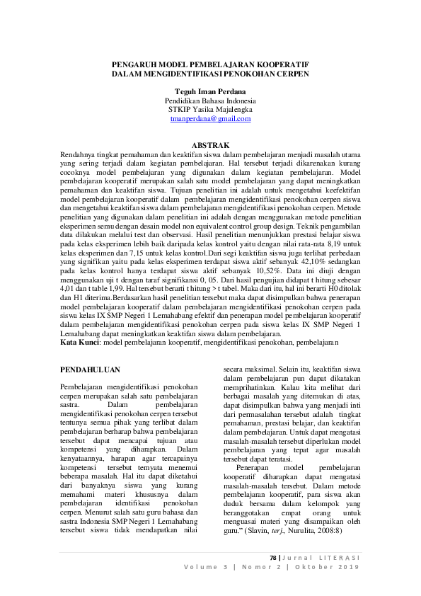 (PDF) Pengaruh Model Pembelajaran Kooperatif Dalam Mengidentifikasi Penokohan Cerpen