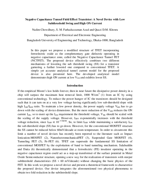 (PDF) Negative Capacitance Tunnel Field Effect Transistor: A Novel ...