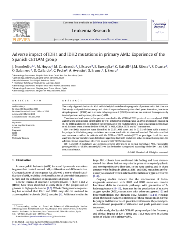 (PDF) Adverse impact of IDH1 and IDH2 mutations in primary AML: Experience of the Spanish CETLAM ...