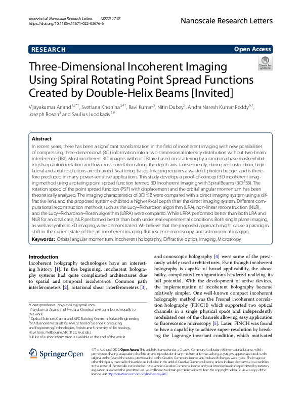 Pdf Three Dimensional Incoherent Imaging Using Spiral Rotating Point Spread Functions Created