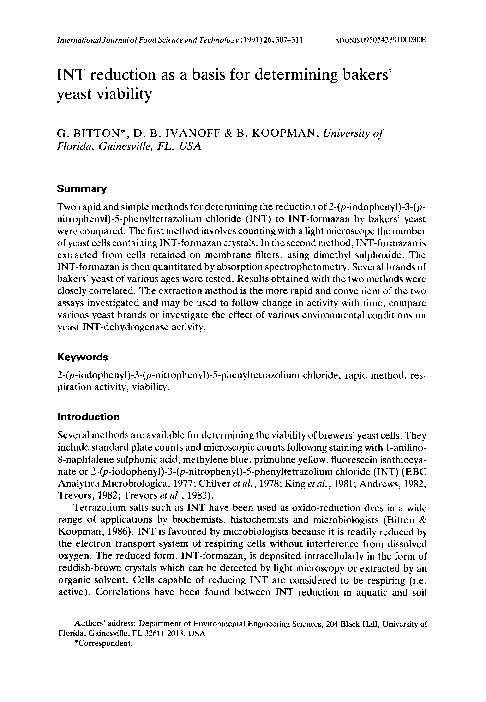 (PDF) INT reduction as a basis for determining bakers' yeast viability ...