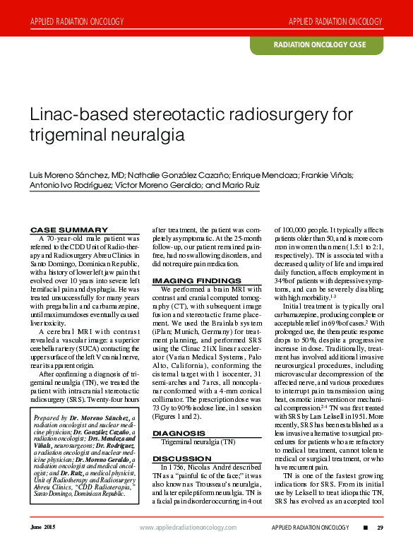 (PDF) LINAC-based Stereotactic Radiosurgery for Trigeminal Neuralgia