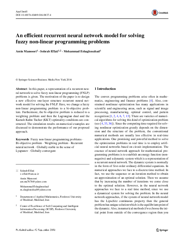 (PDF) Efficient recurrent neural network model for the solution of ...