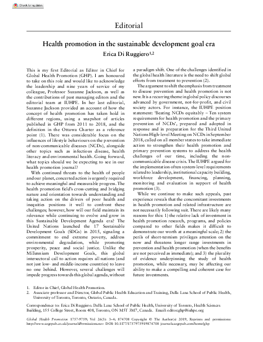 (PDF) Health promotion in the sustainable development goal era | Erica ...