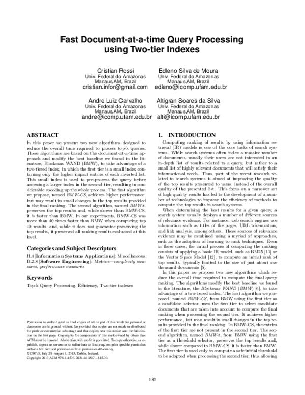 (PDF) Fast document-at-a-time query processing using two-tier indexes