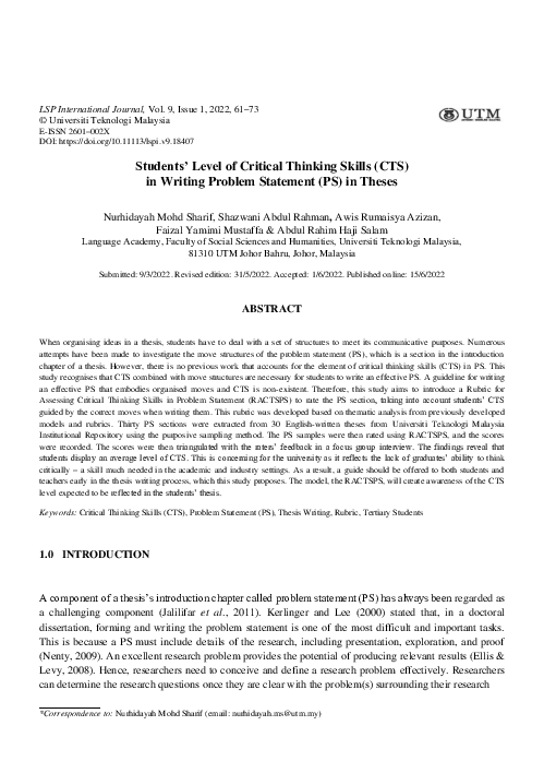 (PDF) Students’ Level of Critical Thinking Skills (CTS) in Writing ...