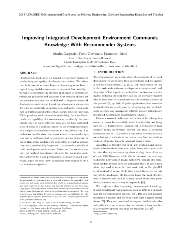 (PDF) Improving integrated development environment commands knowledge with recommender systems