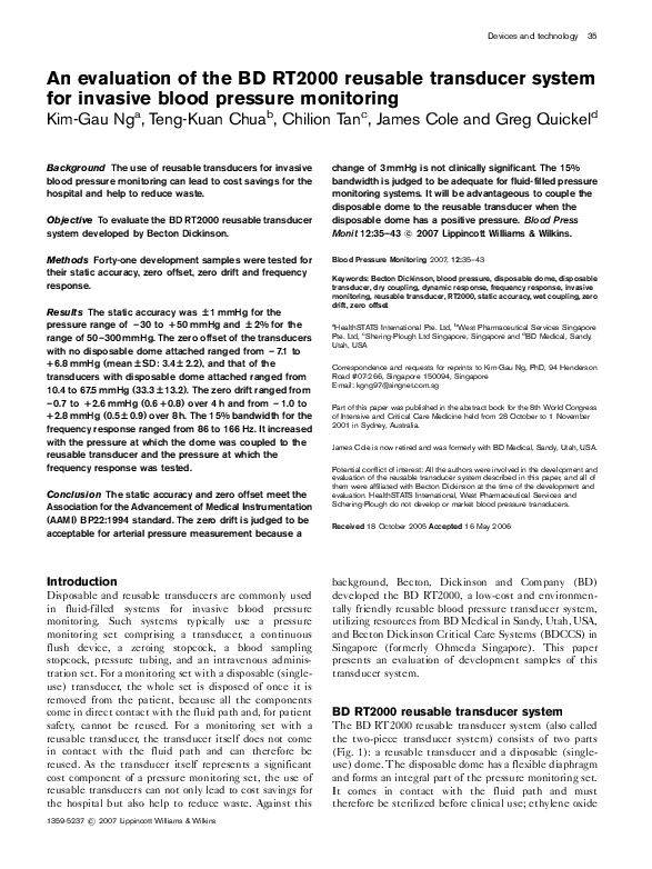 (PDF) An evaluation of the BD RT2000 reusable transducer system for ...