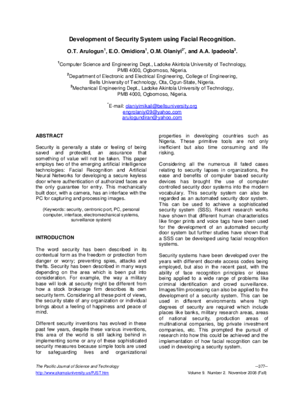 (PDF) Development of Security System using Facial Recognition