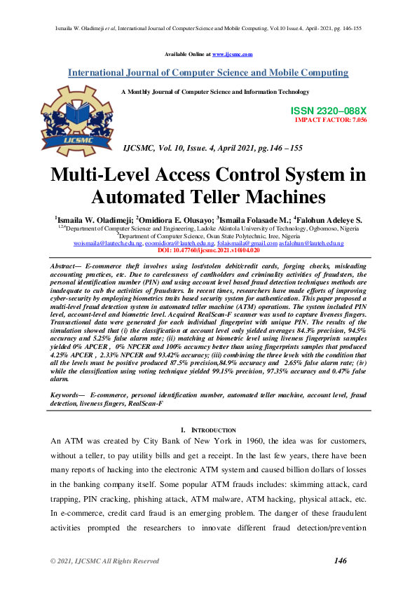 Pdf Multi Level Access Control System In Automated Teller Machines﻿
