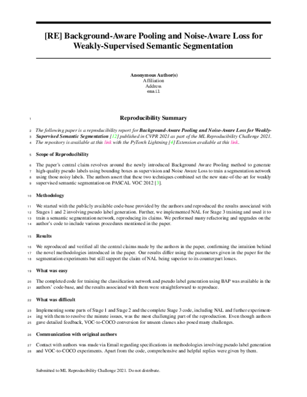 (PDF) [Re] Background-Aware Pooling and Noise-Aware Loss for Weakly-Supervised Semantic Segmentation