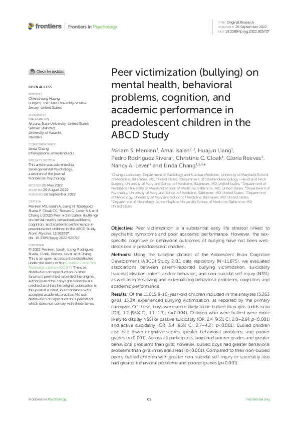 (PDF) Peer victimization (bullying) on mental health, behavioral ...