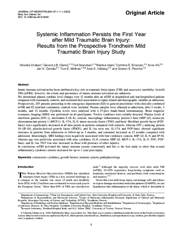 (PDF) Systemic Inflammation Persists the First Year after Mild ...