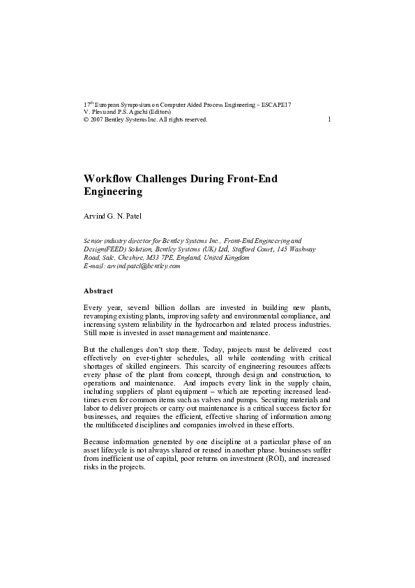 (PDF) Workflow Challenges During Front-End Engineering | Arvind patel ...