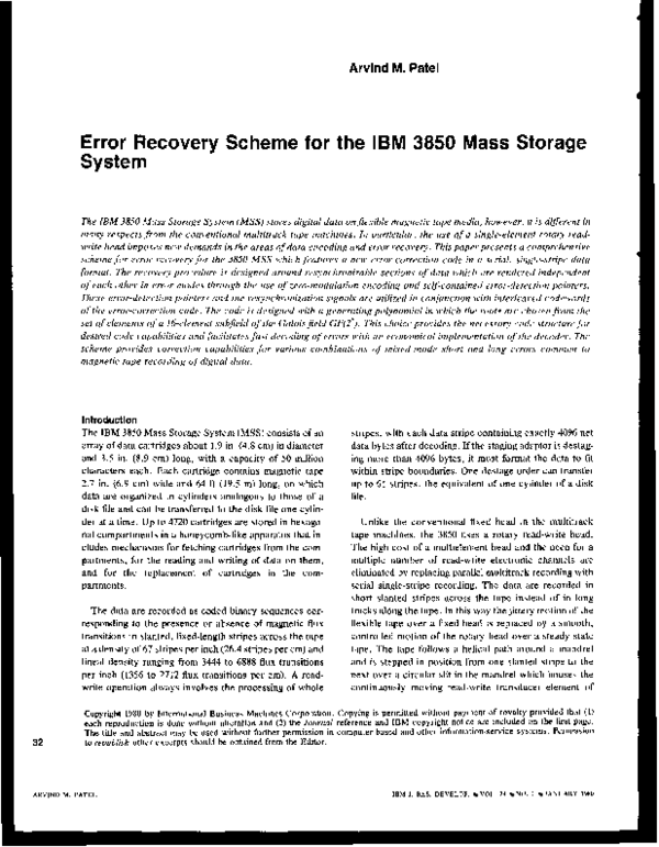 (PDF) Error Recovery Scheme for the IBM 3850 Mass Storage System