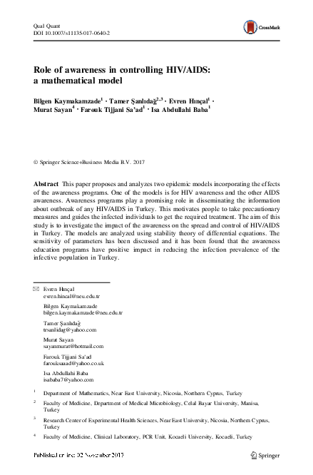 (PDF) Role of awareness in controlling HIV/AIDS: a mathematical model
