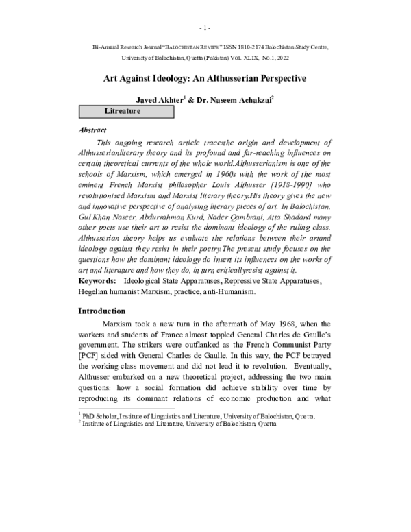 (PDF) Art Against Ideology: An Althusserian Perspective