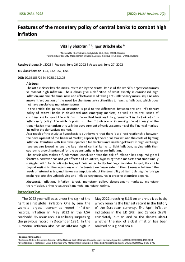 (PDF) Features of the monetary policy of central banks to combat high ...