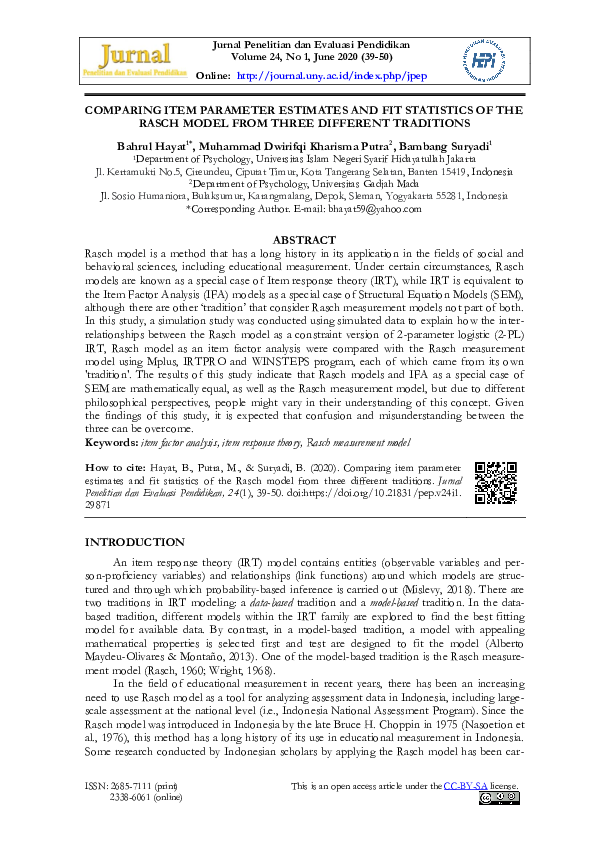 Pdf Comparing Item Parameter Estimates And Fit Statistics Of The Rasch Model From Three