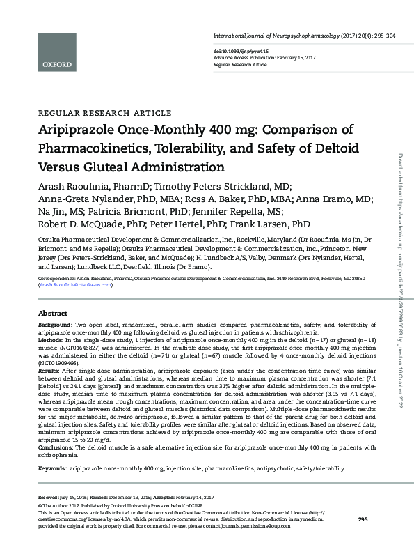 (PDF) Aripiprazole Once-Monthly 400 mg: Comparison of Pharmacokinetics ...