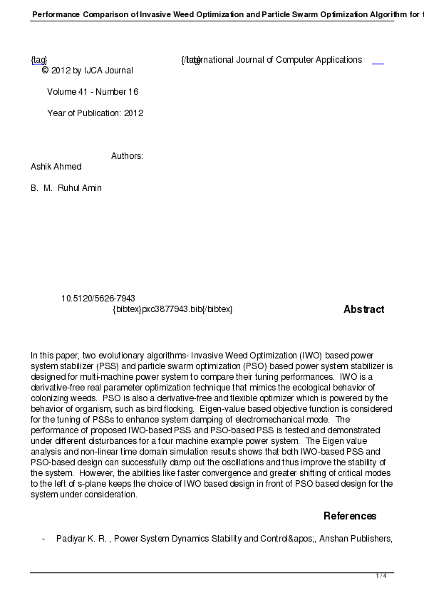 Pdf Performance Comparison Of Invasive Weed Optimization And Particle Swarm Optimization 