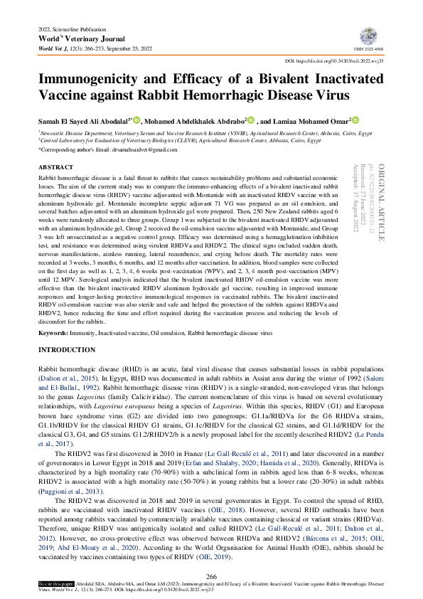 (PDF) Immunogenicity and Efficacy of a Bivalent Inactivated Vaccine against Rabbit Hemorrhagic ...