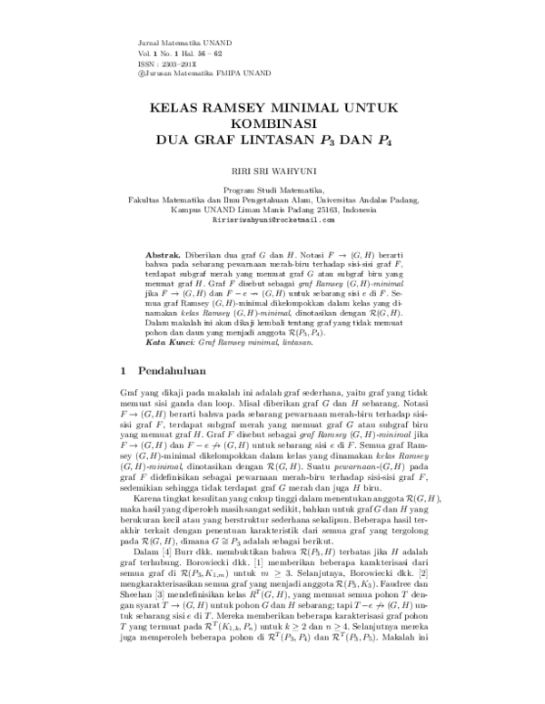 (PDF) Kelas Ramsey Minimal Untuk Kombinasi Dua Graf Lintasan P3 Dan P4