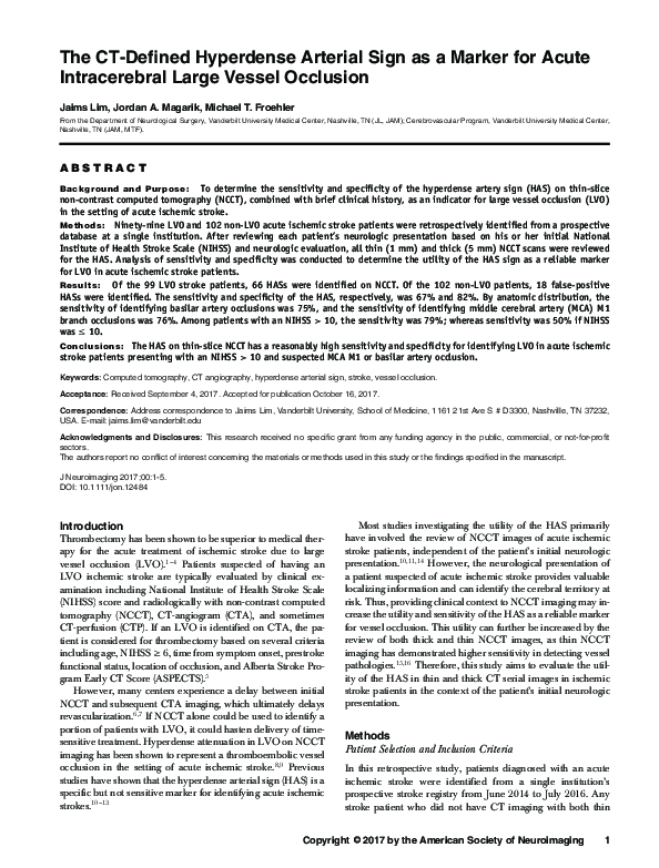 (PDF) The CT-Defined Hyperdense Arterial Sign as a Marker for Acute ...