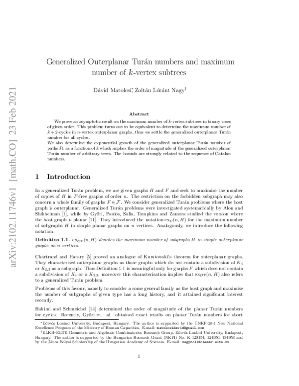 (PDF) Generalised outerplanar Turán numbers and maximum number of k-vertex subtrees
