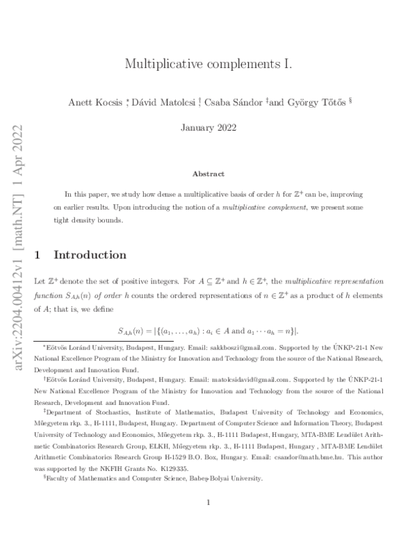 (PDF) Multiplicative complements I