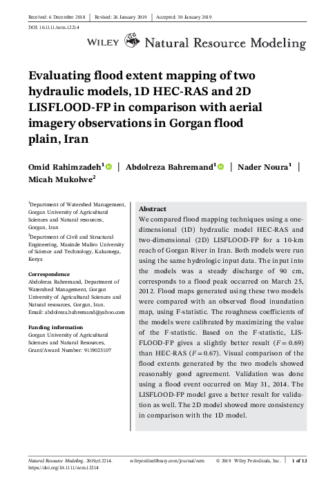 (PDF) Evaluating flood extent mapping of two hydraulic models, 1D HEC‐RAS and 2D LISFLOOD‐FP in ...